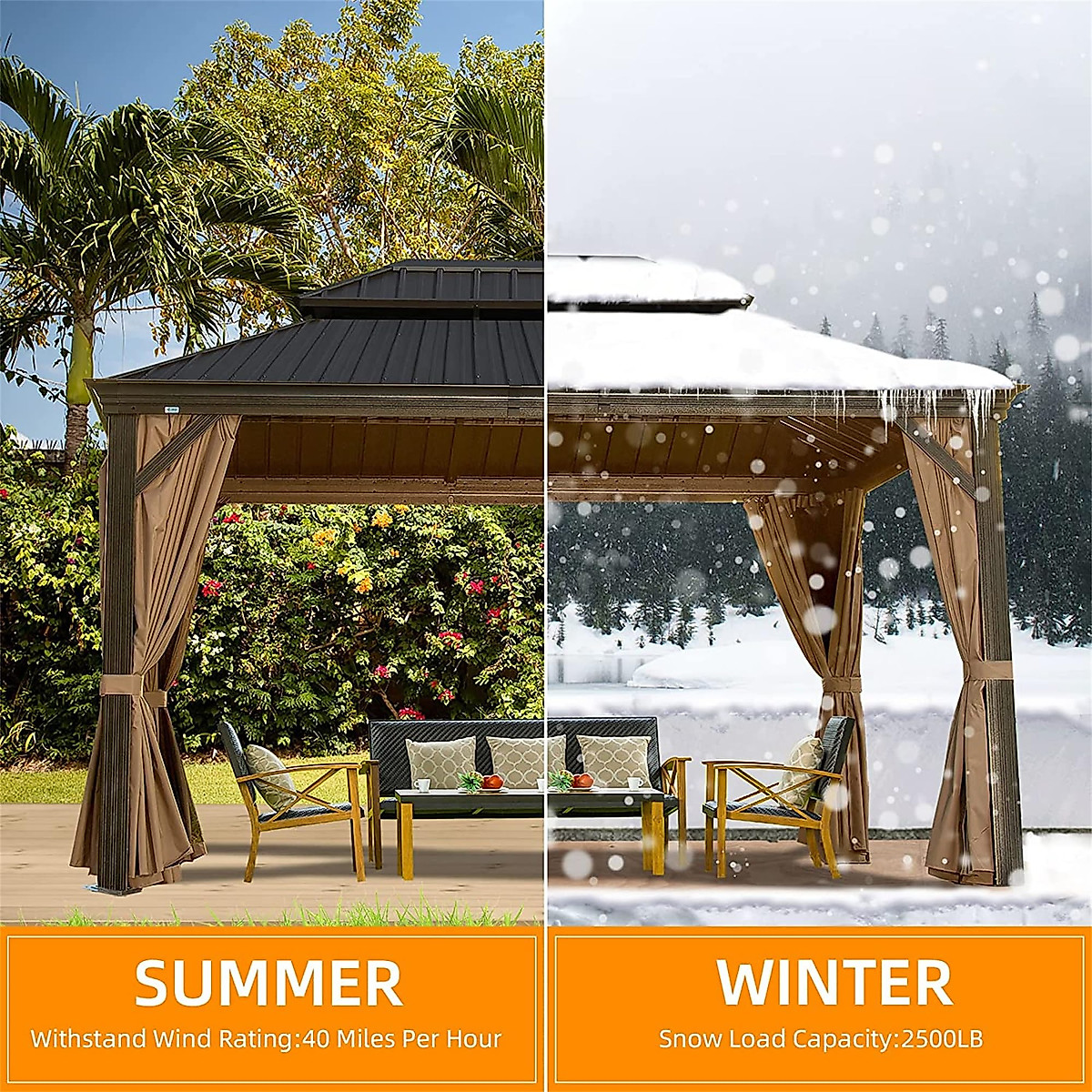 DHPM 10"x 12" Hardtop Aluminum Gazebo-Outdoor Gazebo 2-Tier Permanent Hardtop，with Mosquito Net and Privacy Curtain，Outdoor Relax/Party/BBQ Pergola in Garden/Patio/Backyard and Lawn