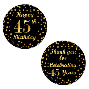 45th Birthday Round 2 Inch Big Glossy Stickers, Thank You for Celebrating 45 Years Black and Gold Labels, Great for Party Favors, Decorations, Tags, Gift Bags and Supplies. Made in USA