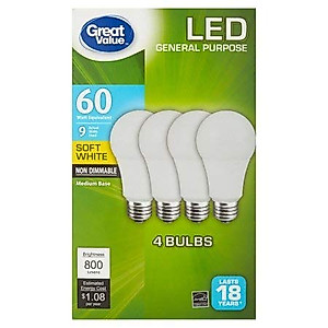 PACK OF 4 - Great Value LED General Purpose Bulbs, 9W (60W Equivalent), Soft White, 4-count