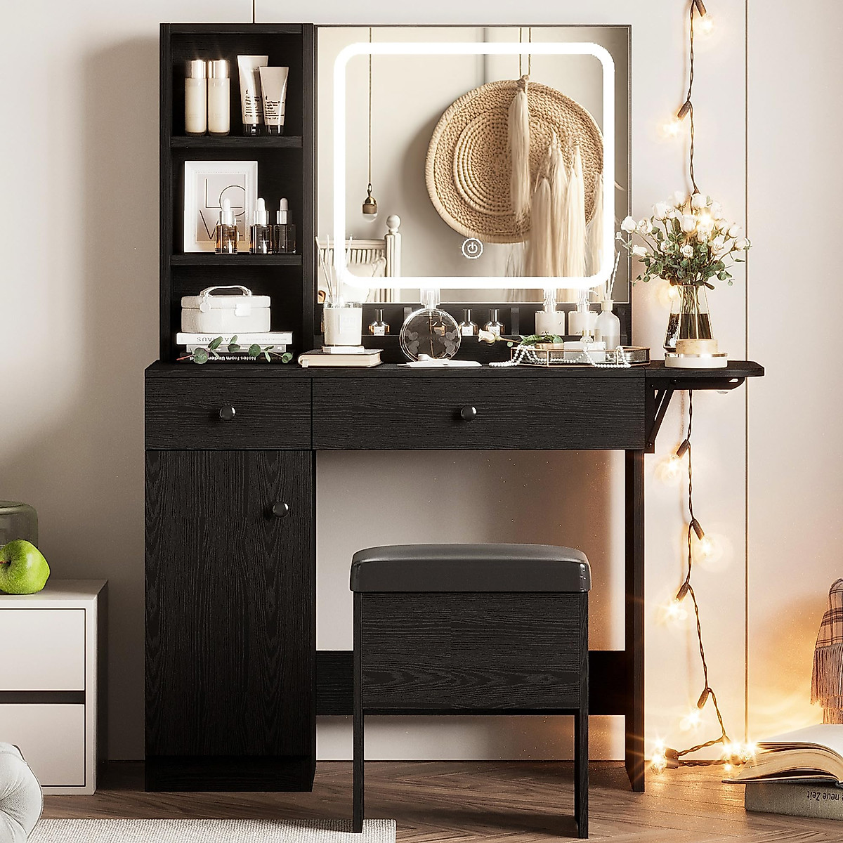 IRONCK Vanity Desk with LED Lighted Mirror & Power Outlet, Makeup Table with Drawers & Cabinet,Storage Stool,for Bedroom, Black