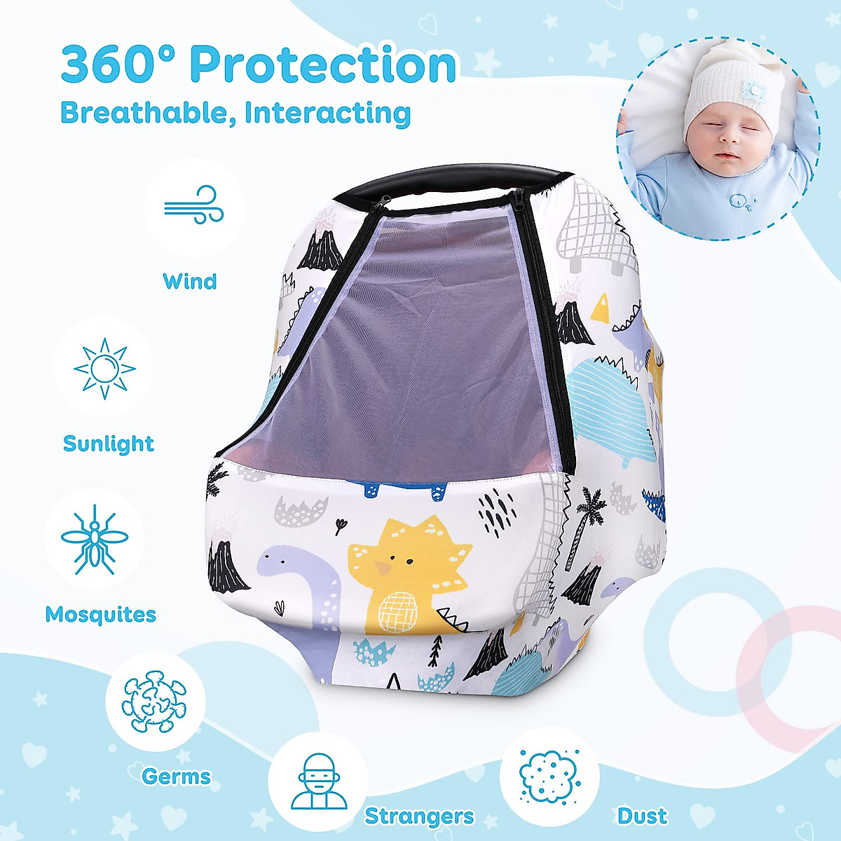 Baby Car Seat Covers, Car Seat Cover for Baby with Breathable Peep Window, Stretchy Nursing Covers Suitable All Seasons, Boys and Girls Shower Gifts, Breastfeeding Covers, Universal Fit, Dinosaur