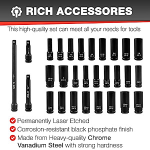 EACELIY 29pcs 1/2" Socket Set, Drive Deep Impact Socket Set, Including 3 ", 5", 10" Impact Extension Bar, Standard SAE (3/8 "- 1") and Metric (10mm-24mm), Cr-V Steel