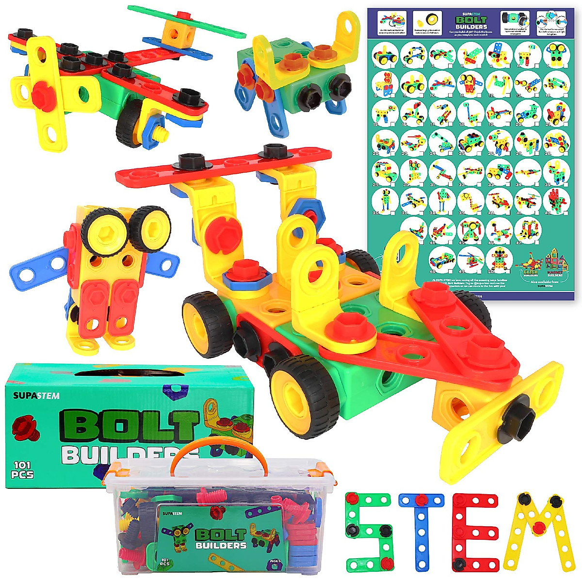 SUPA STEM Bolt Builders Kids Building Blocks | 101 Pcs Kids Building Toys | Nuts and Bolts Construction Toy Building Sets | Educational Toys for 3 Year Old Boys and Girls and Up | Ages 3 4 5 6 7 8 +