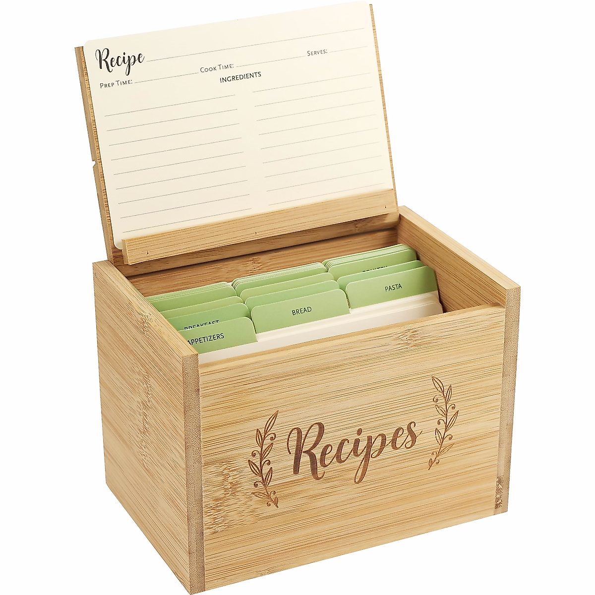 Bamboo Recipe Box Set (includes 50 recipe cards and 24 dividers)