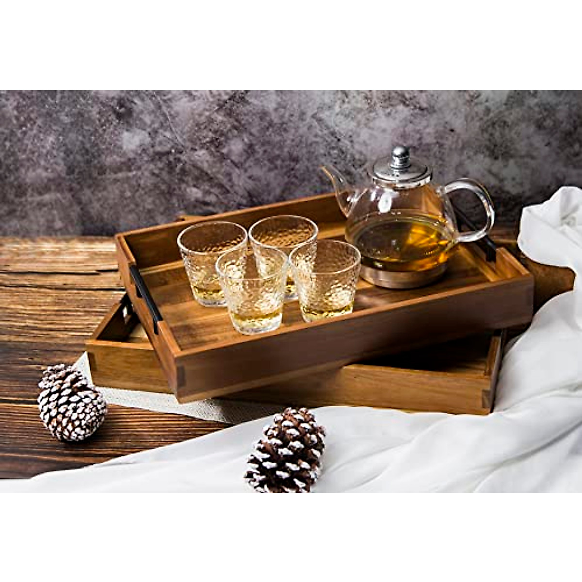 MornHalo Extra-Large Wooden Tray Set of 2, (20.1'' + 18.1'') Serving Tray with Metal Handles, Rectangle Rustic Serving Trays for Breakfast, Used in Kitchen Counter, Coffee Table, Bedroom, Living Room