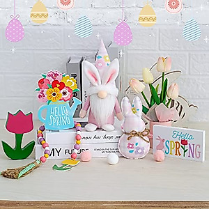 Spring Easter Decorations, 6PCS Easter Bunny Gnome Tiered Tray Decor, Plush Bunny, Easter Gnome Plush, Spring Wood Signs, Flower Bead Garland, Easter Farmhouse Kitchen Table Decor