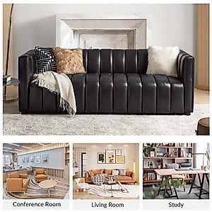 HULALA HOME 83" Genuine Leather Sofa, Sofa Leather for Living Room, 3 Seater Sofa Couch Top Layer Leather Large Sofa Furniture with Channel Tufted Seat Back & Square Arms (Camel)