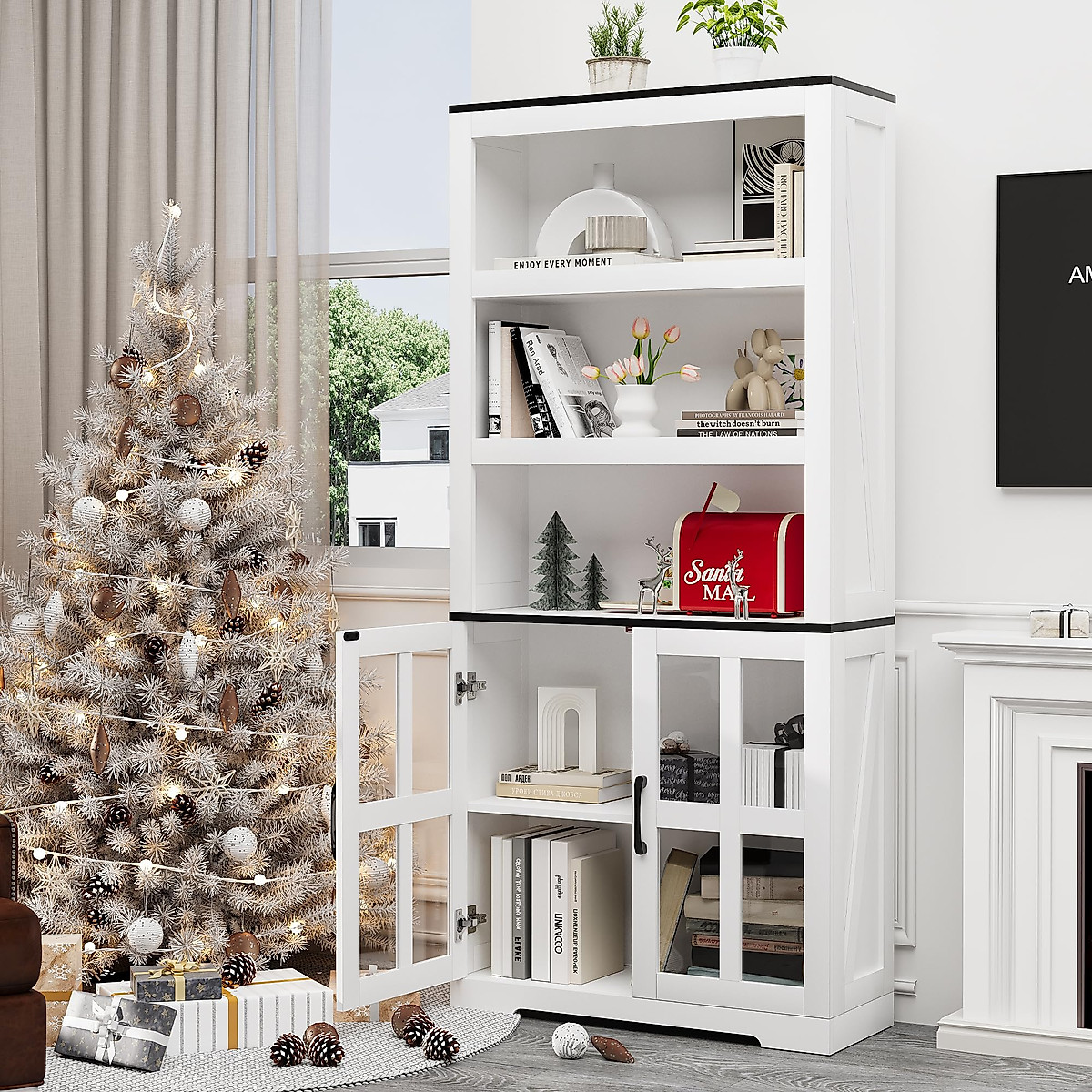 LUMIINOFAMI Bookshelf with Cabinet, 68.9'' Book Shelf with Door 5 Tier Farmhouse Bookshelf with Glass Window, Wood Bookcase Bookshelves Kitchen Pantry for Living Room Home Office Kitchen (White)