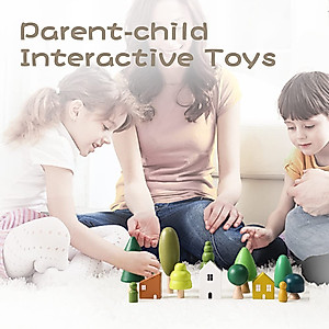 Promise Babe Wooden Tree Toys - Montessori Wooden Blocks Stacking Toys for Toddlers, Miniature Trees & House Various Sizes Woodland Creative Craft Home Decor