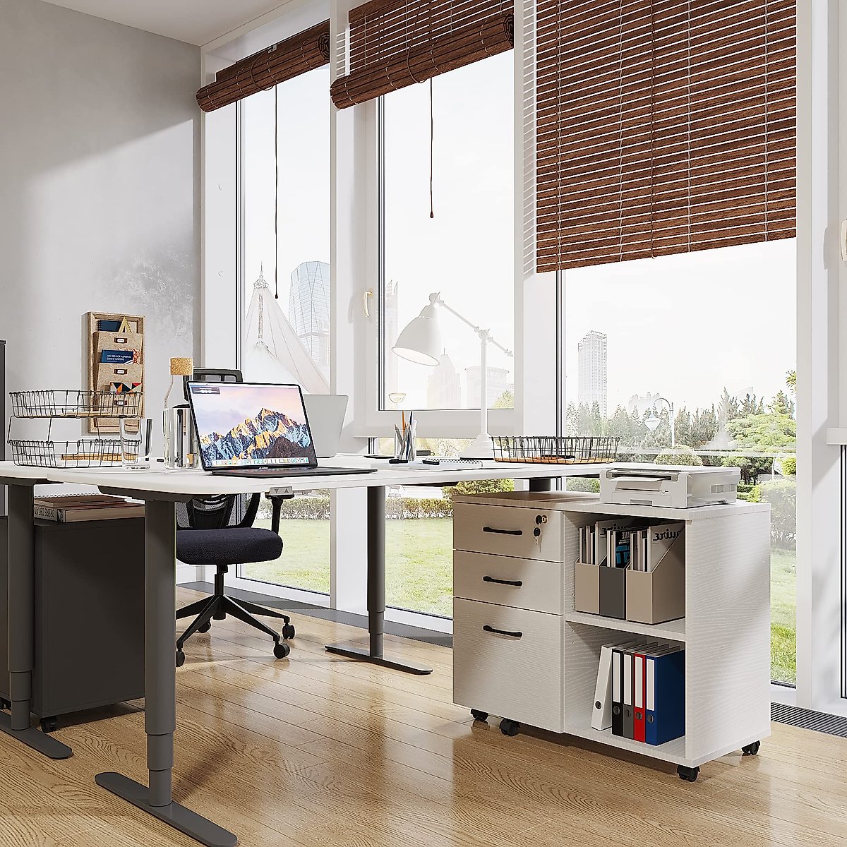 Gyger 3 Drawer File Cabinet for Home Office, Lateral Filing Cabinet with Open Storage Shelf, Mobile Lateral Printer Stand with Wheels and Storage，Wood File Cabinet with Lock(White)