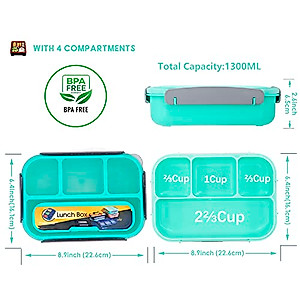 HappyRhino Bento Lunch Box for Kids Adult,4 Compartment Lunch Box Containers,With Accessories Silicone Food Cake Cups, Cute Food Picks for Kids,Easy to Clean (GREEN)