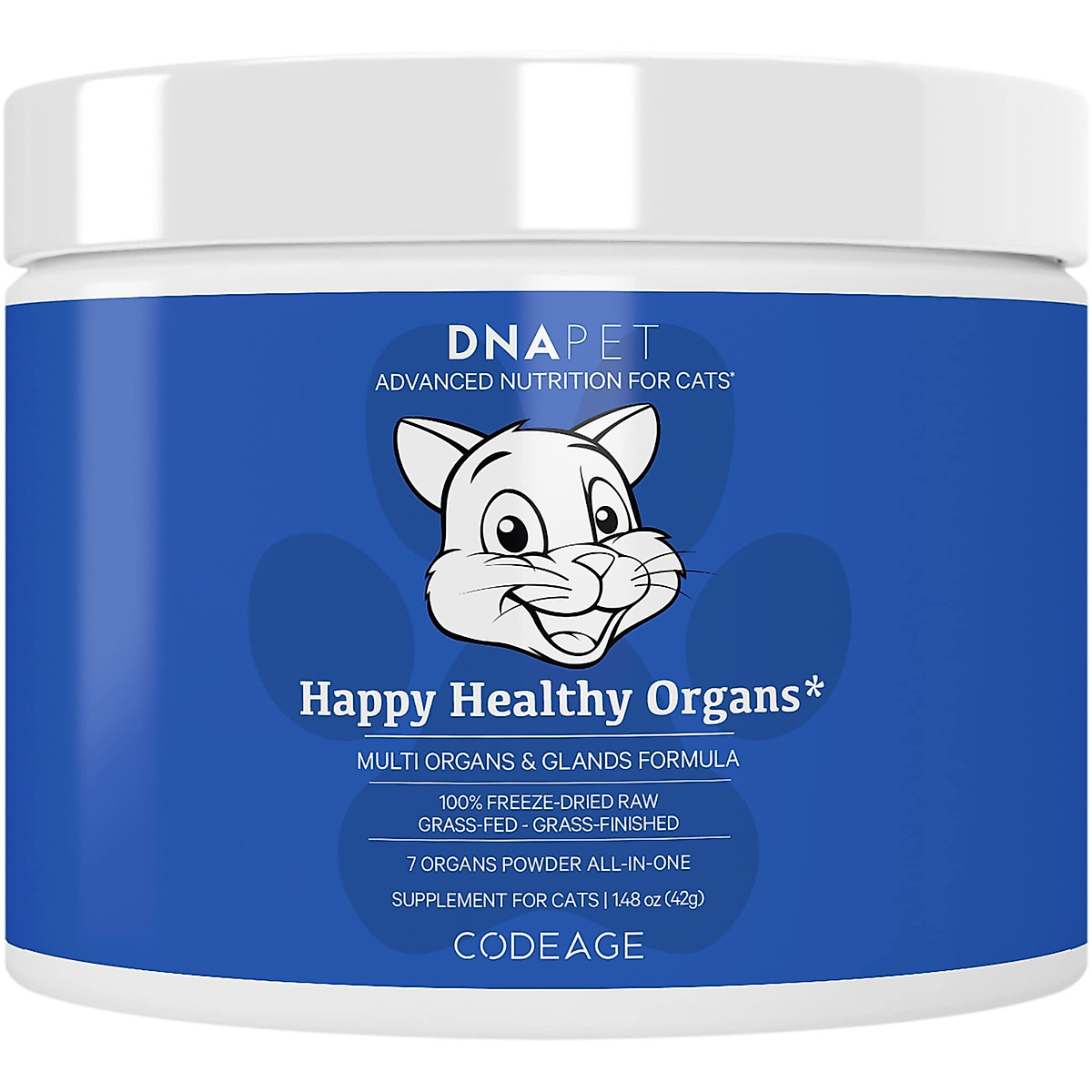 DNA PET Happy Healthy Organs & Glands Supplement For Cats, Freeze-Dried Raw Bovine Liver Grass-Fed Bone Marrow Heart Kidney Pancreas, Bovine Thymus Iron Multi Organ Powder, Joints Cat Vitamins 1.48 oz