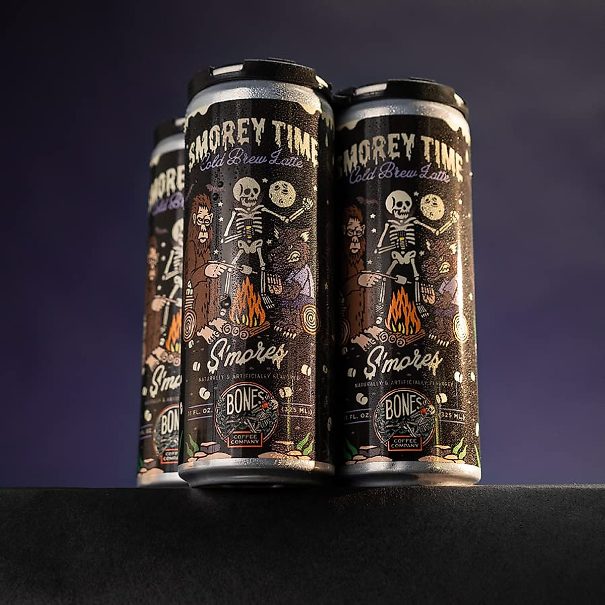 Bones Coffee Company S'morey Time Cold Brew Latte S'mores & Graham Crackers Flavored Coffee | Ready To Drink 100% Cold Brew Coffee Can | Cold Brew Latte S'mores in Cans | 11 Fl Oz Can (4 Pack)