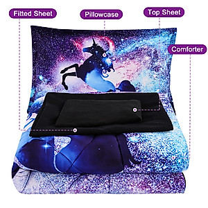 Wowelife Unicorn Toddler Bedding Set for Girls Galaxy Toddler Bed Sheets Sets Blue Kids Toddler Comforter Set Breathable and Soft with Comforter, Flat Sheet, Fitted Sheet and Pillowcase