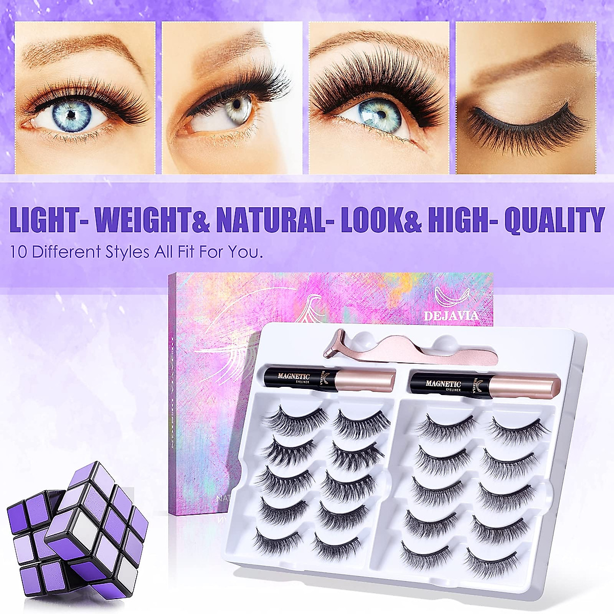 DEJAVIA Magnetic Lashes [10 Pairs], Premium Natural Looking Magnetic Eyelashes with Eyeliner Kit，Reusable Lightweight Wispy Strong Magnetic Eyelashes with Applicator and Tweezers, No Glue Needed