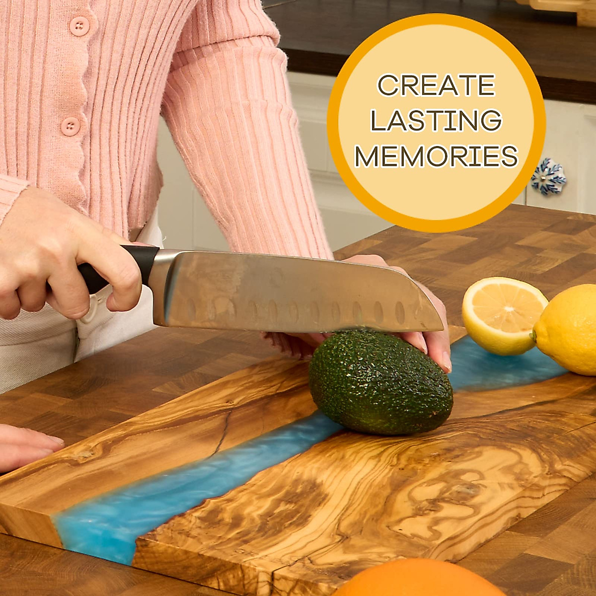 Greenmemo Italian Olive Wood luxury Cheese board with Resin, Charcuterie board, Chopping and Cutting Board for Meat Vegetable & Fruit, Wooden Epoxy Serving Board (Blue And White Gradient)