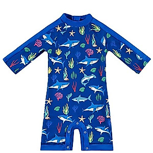 upandfast Baby Boy Swimsuit with Snap Bottom UPF 50+ Sun Protection Toddler One Piece Swimwear (Blue Shark, 9 Months)