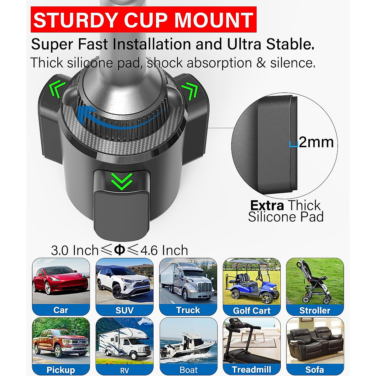 APPS2Car Solid Cup Holder Tablet Mount for Car, Adjustable Height iPad Car Mount for Truck Low Profile Road Trip Essentials Compatible with 4.7-13" iPad Pro Air Mini, Fire, iPhone, Cell Phone - Black