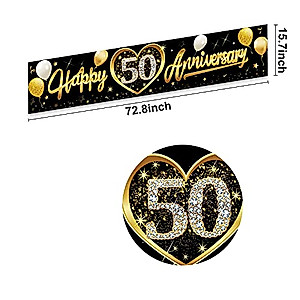 Happy 50th Wedding Anniversary Banner Decorations, Black Gold 50th Anniversary Sign Party Supplies, 50th Wedding Anniversary Decor Photo Booth for Outdoor Indoor
