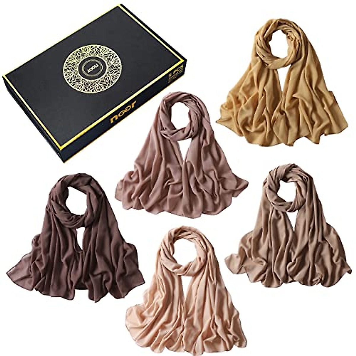 NOOR 5 pcs Hijab Scarfs for Women - Premium Quality Chiffon Hijab, Soft and Lightweight. Hijab Gift Box - 5 Colors Set (Mix Colors 1)