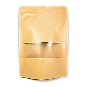 100 pk Kraft Paper Stand Up 5.5” x 8” Smell Proof Pouch Bags with Window 6 ounce 5.5 Mil Thick Reusable & Resealable Strong Zip Seal, Food Grade ROYPACK (5.5 x 8 inch)