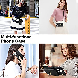 Vofolen Phone Case for iPhone 13 Wallet Cover with Credit Card Holder Lanyard Crossbody Strap Leather Magnetic Clasp 360°Swivel Ring Stand Heavy Duty Protective Square Flip Cover 6.1 inch Black