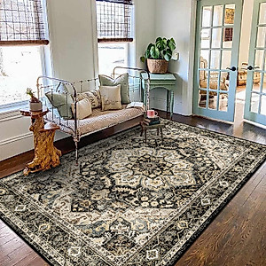 TOPRUUG Washable Oriental Area Rug - 5x8 Rugs for Living Room Soft Carpet for Bedroom Waterproof Floral Distressed Indoor Stain Resistant Non-Shedding Floor Carpets (Black/Grey, 5x8)