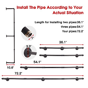 Varsoul Clothes Hanger Pole Wall Mount, 72" Heavy Duty Detachable Black Iron Garment Bar Hanging Rod Holder, Clothes Rail Shelf Wardrobe Organizer for Laundry Room & Closet Storage, 3 Base