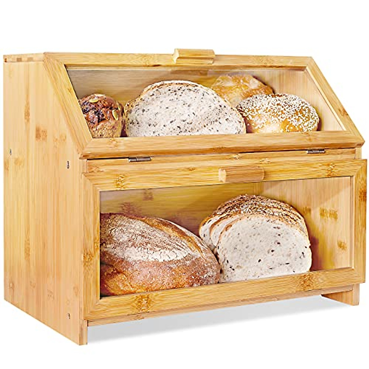 Laura's Green Kitchen Bamboo Bread Box for Kitchen Counter - Double Layer Bread Storage with Clear Windows - Rustic Farmhouse Style Bread Bin (Self-Assembly)