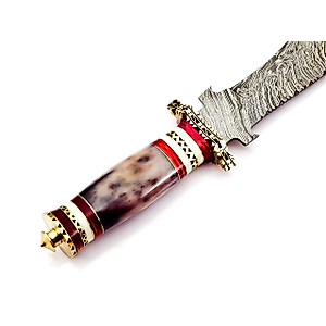 Skokie Knives Custom Damascus Steel Hunting Knife Color Camel Bone Handle with Brass Spacer -Handmade Premium Quality Edge Fixed Blade – For Multipurpose – Ideal for Survival Hunting Camping Hiking Outdoor Every Day Carry Professional Use Art of Craftsman