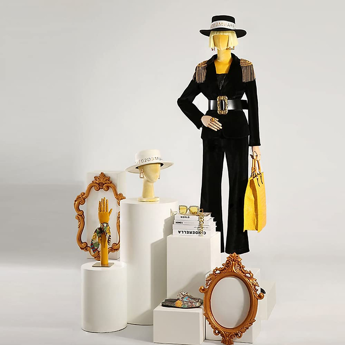 DE-LIANG Female Mannequin Torso with Stand Yellow Suede Fabric Women Dress Form with Wooden Arms Natural Wood Color, Fabric is (Yellow)