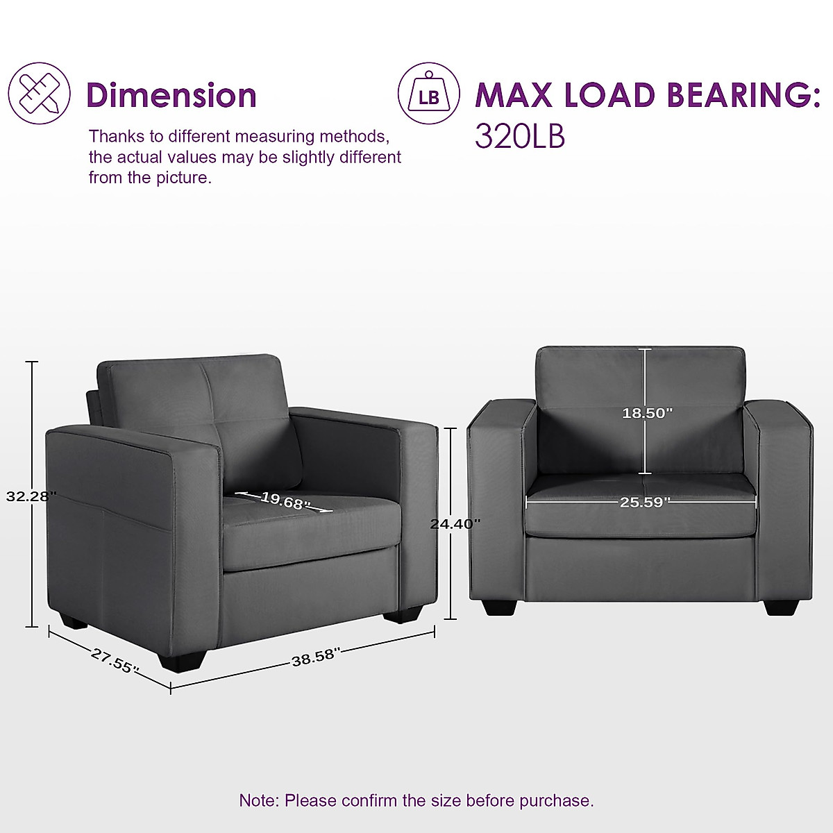 TYBOATLE Accent Chair, 38.58" W Mid-Century Modern Linen Fabric Tufted Living Room Chair, Comfy Upholstered Reading Club Arm Chairs for Living Room, Bedroom, Office (Dark Grey)