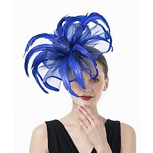 Lucky Leaf Girl Lady Hat Headwear Organza Church Feather Clip Fascinators Hat Wedding Party Kentucky Derby Cap for Women(F-5-Royalblue)