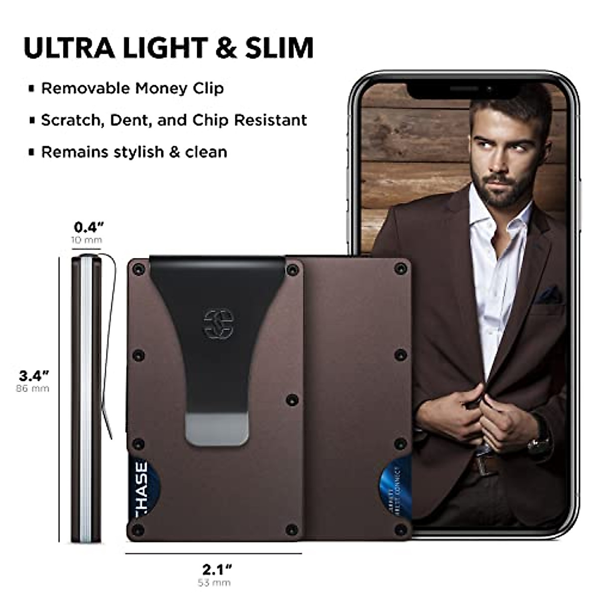 Suavell Slim Metal Wallet for Men - Minimalist Modern Wallet - RFID Card Holder w Money Clip - Thin, Smart Wallet - Front Pocket Wallet - Aluminum Credit Card Holder (Bronze Element 2.0)