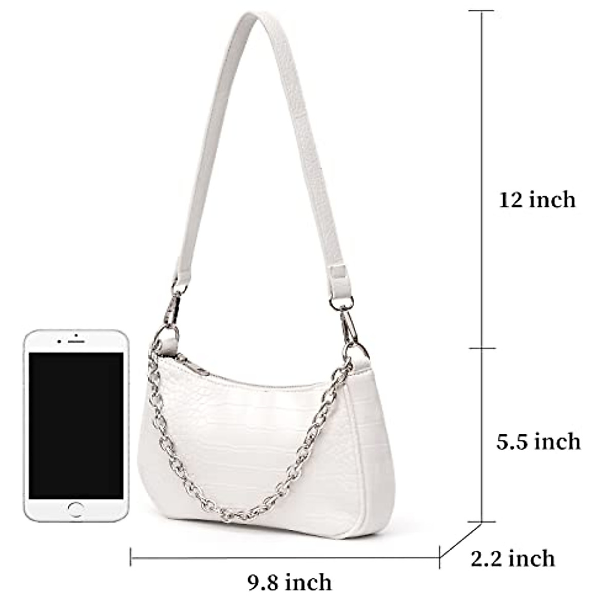 BOBOWINGS White Small Purses for Women, Mini Crocodile Pattern Leather Shoulder Bag Trendy with Silver Chain, Zipper Closure