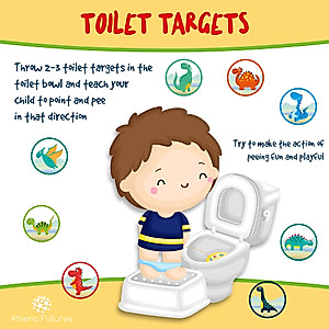 ATHENA FUTURES Dinosaur Potty Training Toilet Targets - 2" Water Soluble, Flushable Urinal Paper Cards for Toddlers, Boys - Kids Trainer Kit with Lift Lid Sticker and Peeing Chart - 80 Targets