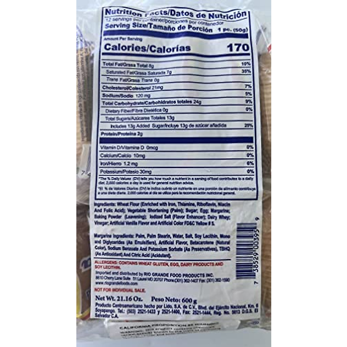 Alemana Lido tradicional pan salvadoreño Paquete de 600g con 12 unidades, 21.16 Fl Oz