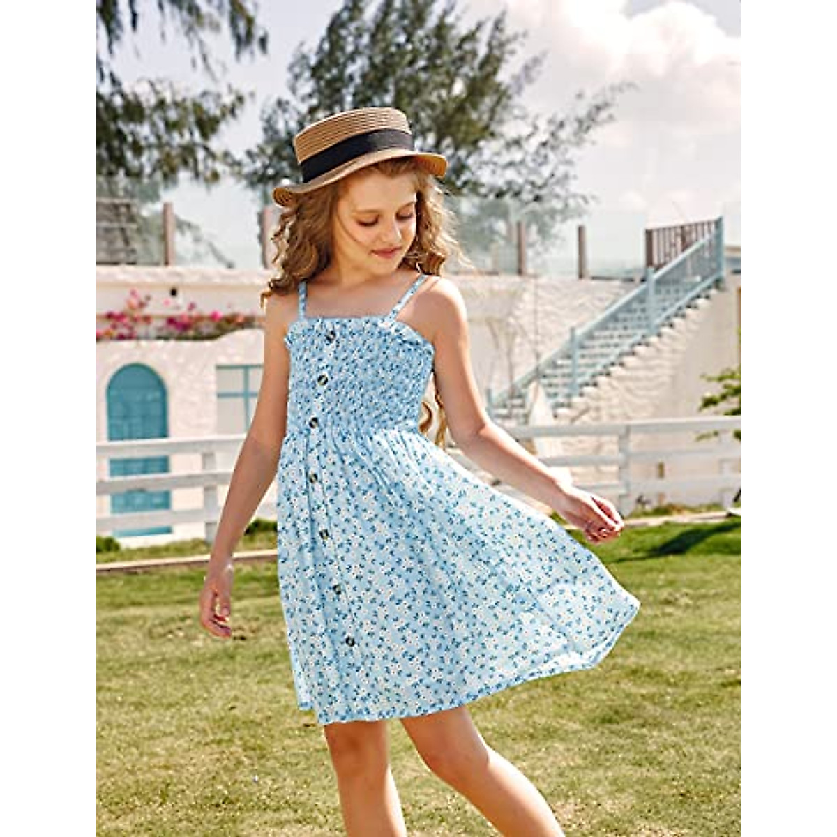 Arshiner Girls Summer Dresses Casual Floral Button Swing Midi Dress Light Blue Floral Litter Girls