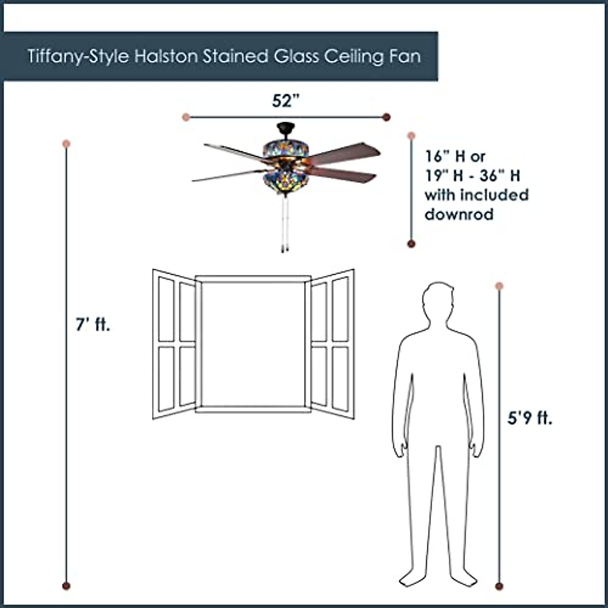 RIVER OF GOODS Tiffany-Style Halston Stained Glass Ceiling Fan - 52" L x 52" W - Mahogany and Black Fan Blades - Blue