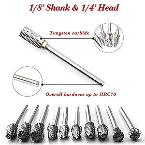 Carbide Rotary Burr Set - BIGOU 10PCS Double Cut Carving Burr Bits Tungsten Carbide 1/8" Shank 1/4" Grinding Head for DIY Carving Metal Polishing Engraving Drilling