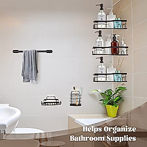 8 Pcs Adhesive Corner Shower Caddy Set 3 Stainless Steel Bathroom Shower Organizer Shelves Rustproof Shower Shelf Rack 2 No Drilling Soap Holder for Shower Wall 1 Toothbrush Holder 2 Towel Bar, Black