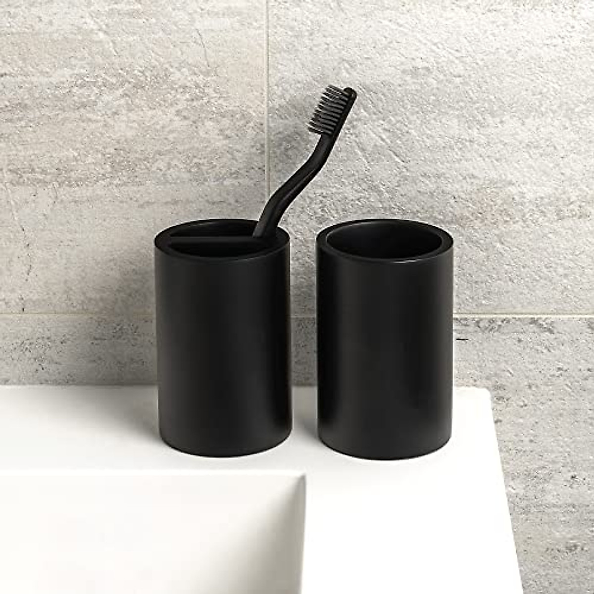Jo Lavie Bathroom Accessories Matte Black Set of 4, Bathroom Organization, Bathroom Accessory Set - Soap Dispenser, Bathroom Jars, Toothbrush Cup, Brush Holder, Made of Resin, Modern Home Decor