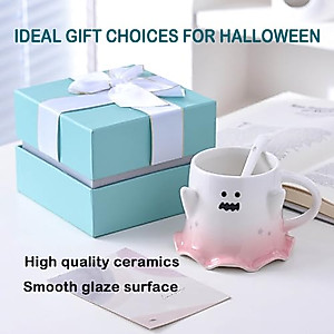 Mycheny Funny Halloween Pink Ghost Shape Ceramic Coffee Cup (14 oz), Cute Cartoon Little Elf Cup