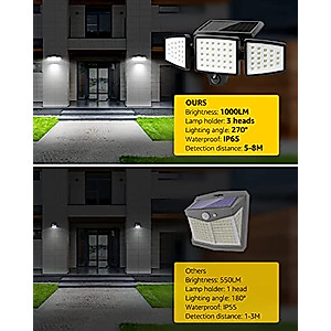 LE Solar Lights for Outside, Motion Activated Security Lights, WL4000 High Brightness, 3 Adjustable Heads 270° Wide Lighting Angle, IP65 Waterproof, Wireless Wall Lamp for Porch Yard Garage