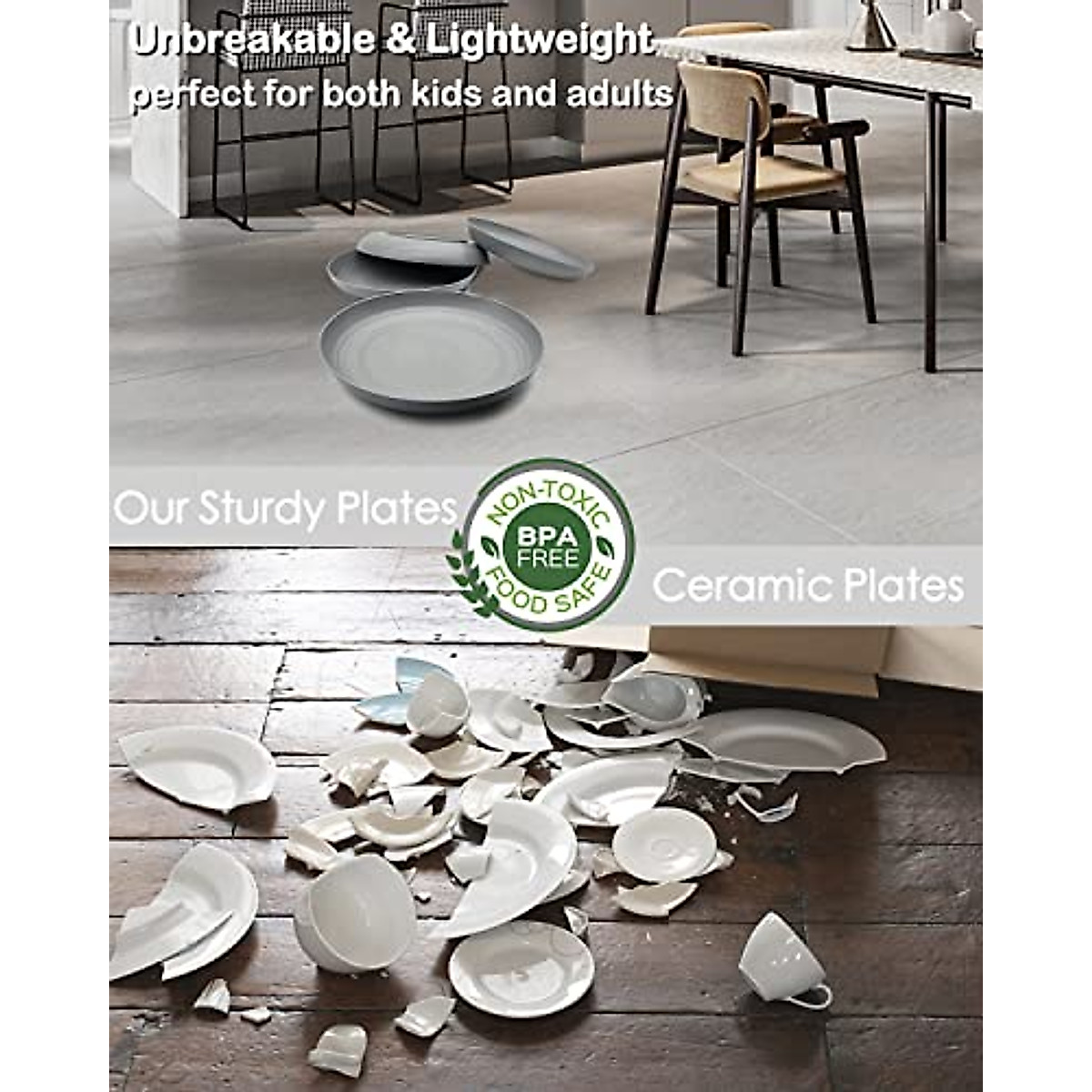 KITWILD Wheat Straw Plates, Unbreakable Dinner Plates, Lightweight Plastic Plates Reusable Plates Set, BPA free, Dishwasher & Microwave Safe, Perfect for Dinner Dishes (4 Pack, Gray)