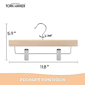 TOPIA HANGER 11.8'' Unfinished/Natural Wooden Pants Skirt Hangers for Kids Baby Toddler Children, Extra Thick Chrome Hooks & Anti-Wrinkle Premium Flat Clips 10 Pack CT09PN