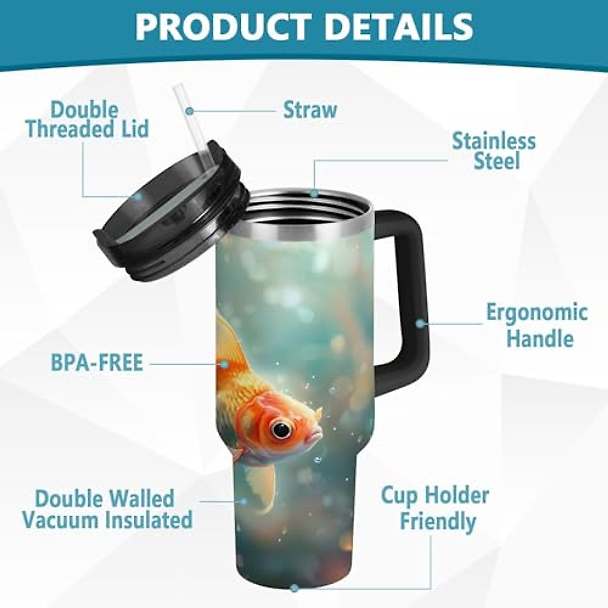 FRCSDIY Beautiful Goldfish Insulated Tumbler with Handle and Straw Lid,40oz Leakproof Stainless Steel Cup BPA-Free Water Bottle