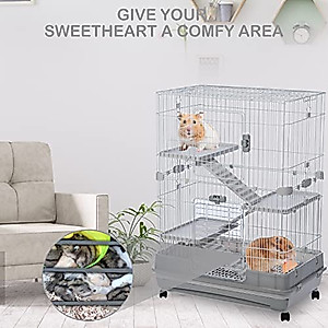Gecheer 4-Tier 32" Small Animal Metal Cage Height Adjustable with Lockable Casters Grilles Pull-Out Tray for Rabbit Chinchilla Ferret Bunny Guinea Pig Squirrel Hedgehog Grey