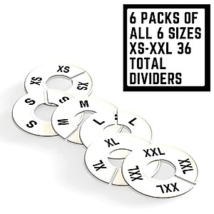Discount Sizing- Round Clothing Dividers Size Hanger Rack Dividing 36 Pack 6 Each Size (XS-XXL) - Great for Retail, Boutiques, Personal Closet Storage & Organization (White)
