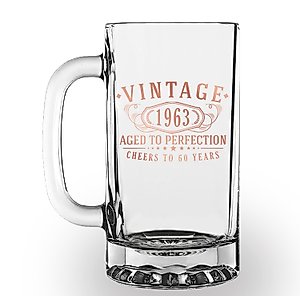 Vintage 1963 Rose Gold Printed 16oz Glass Beer Mug Stein – Happy 60th Birthday Gifts Men Women, Cheers to 60 Years, Turning 60 Man Decorations Decor, Anniversary Bday Party Favors, Gift Ideas Him 1.0